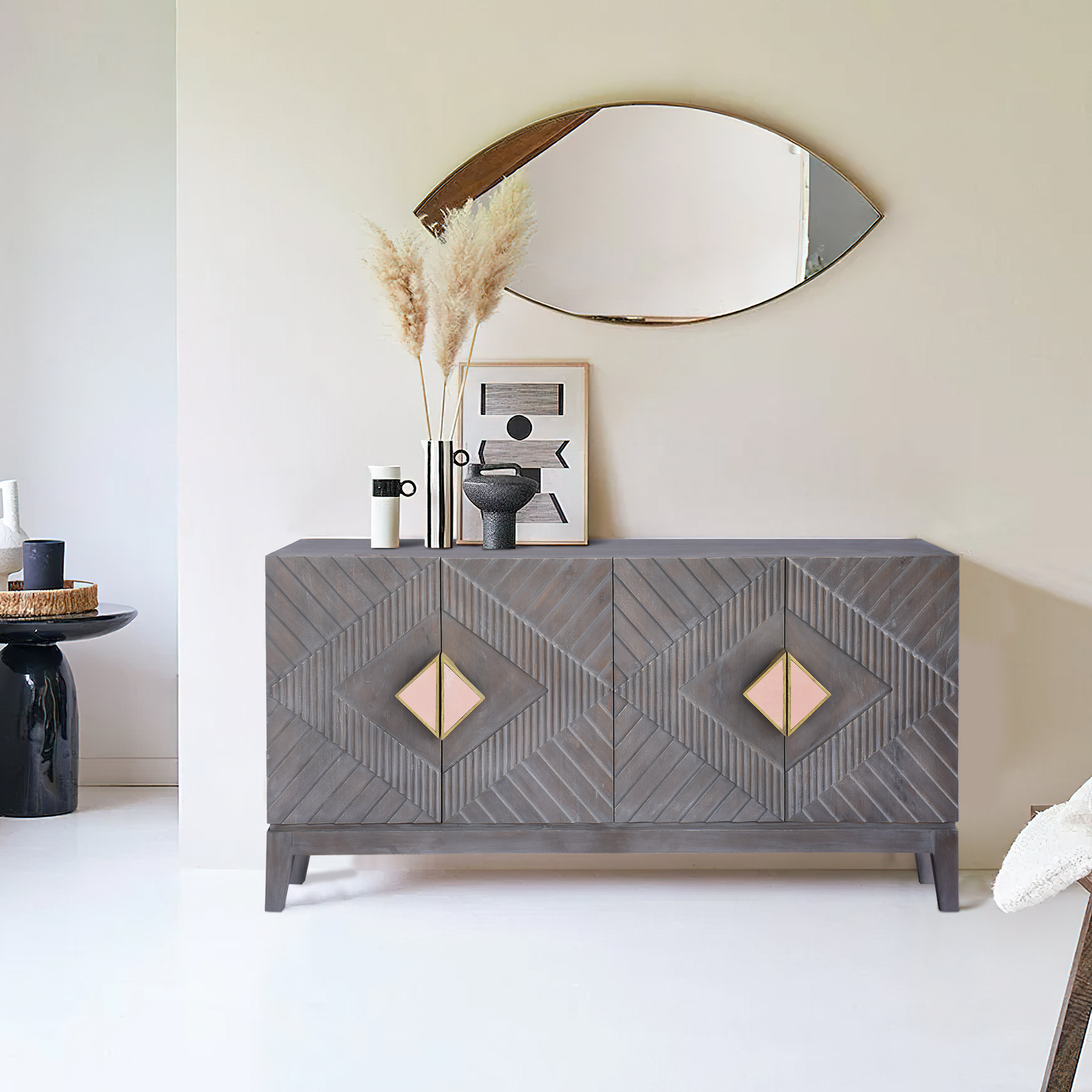 Red Barrel Studio Kaydie 55 Inch Gray Mango Wood Sideboard Buffet Cabinet Console Wayfair
